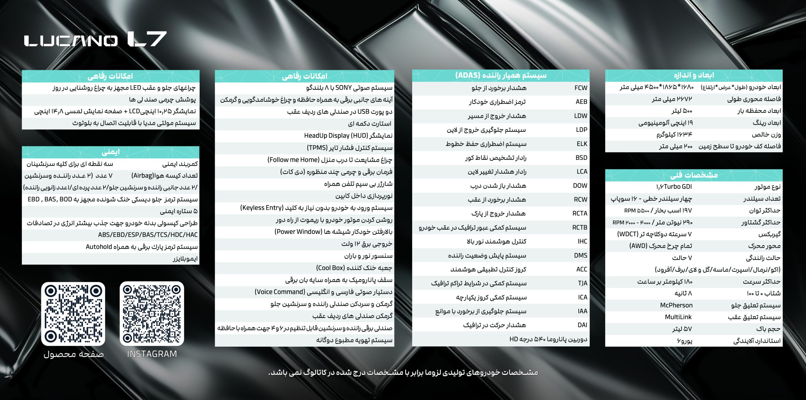 مشخصات Lucano L7 - نمایندگی مرکزی خودرو لوکانو